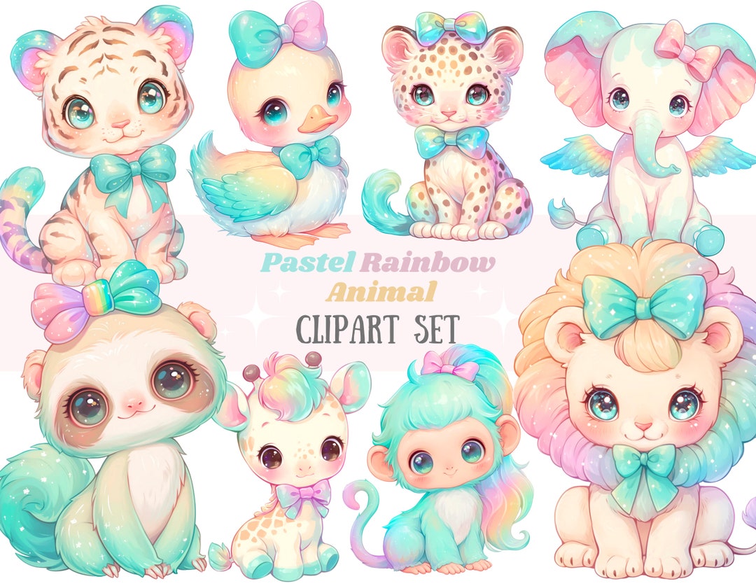 Watercolour Pastel Rainbow Animal Clipart Kawaii Animals PNG Digital ...