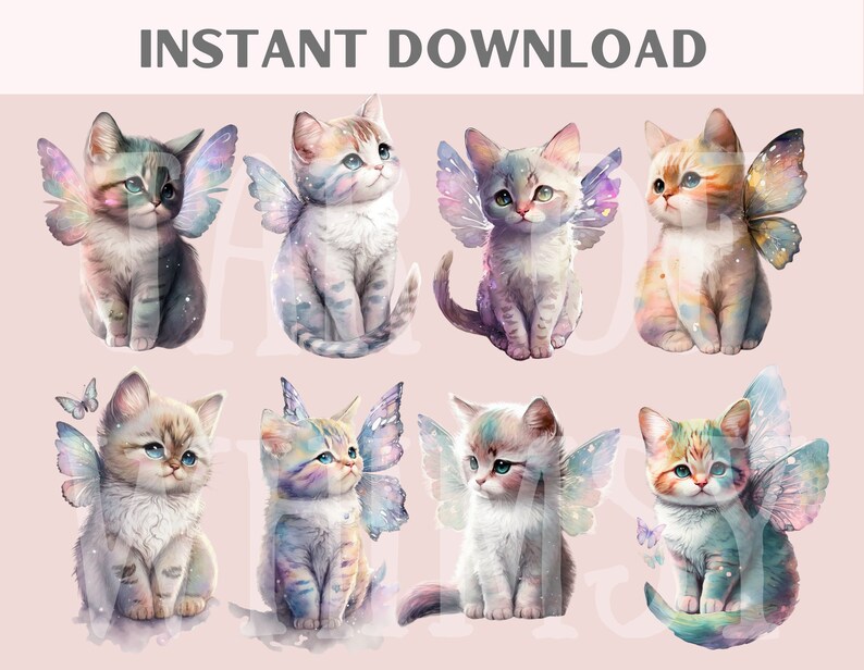 Watercolour Fantasy Fairy Kittens Clipart - Kawaii Cat PNG Digital ...