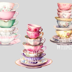 Watercolour Tall Teacup Stack Clipart Pretty Tea Party PNG Digital ...
