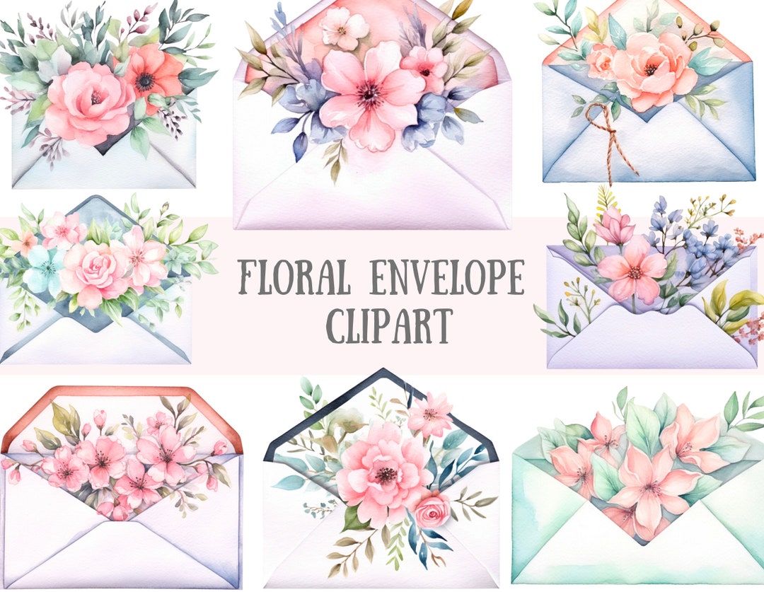 Watercolour Floral Envelope Clipart Shabby Chic Happy Mail PNG Digital ...