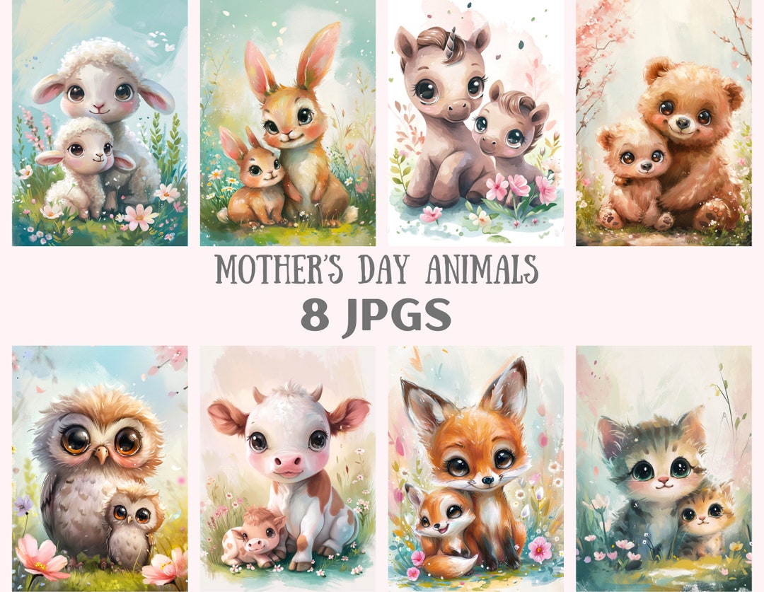 Watercolour Mothers Day Animals Clipart Mum Mom With Baby JPG Digital ...