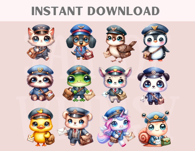 Watercolour Post Office Animal Clipart Happy Mail Animal PNG Digital ...