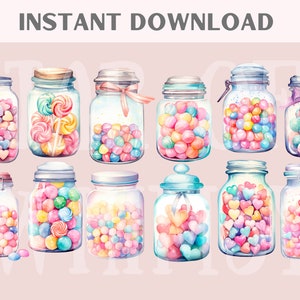 Watercolour Rainbow Candy Jar Clipart Pastel Lolly Jar PNG Digital ...