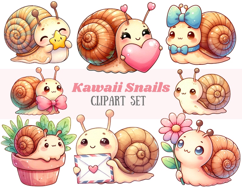 Watercolour Kawaii Snail Clipart Chibi Snail Mail PNG Digital Image ...