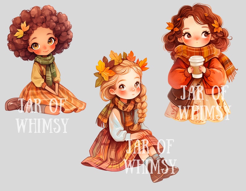 Watercolour Kawaii Autumn Girl Clipart Cute Chibi Fall Girl PNG Digital ...