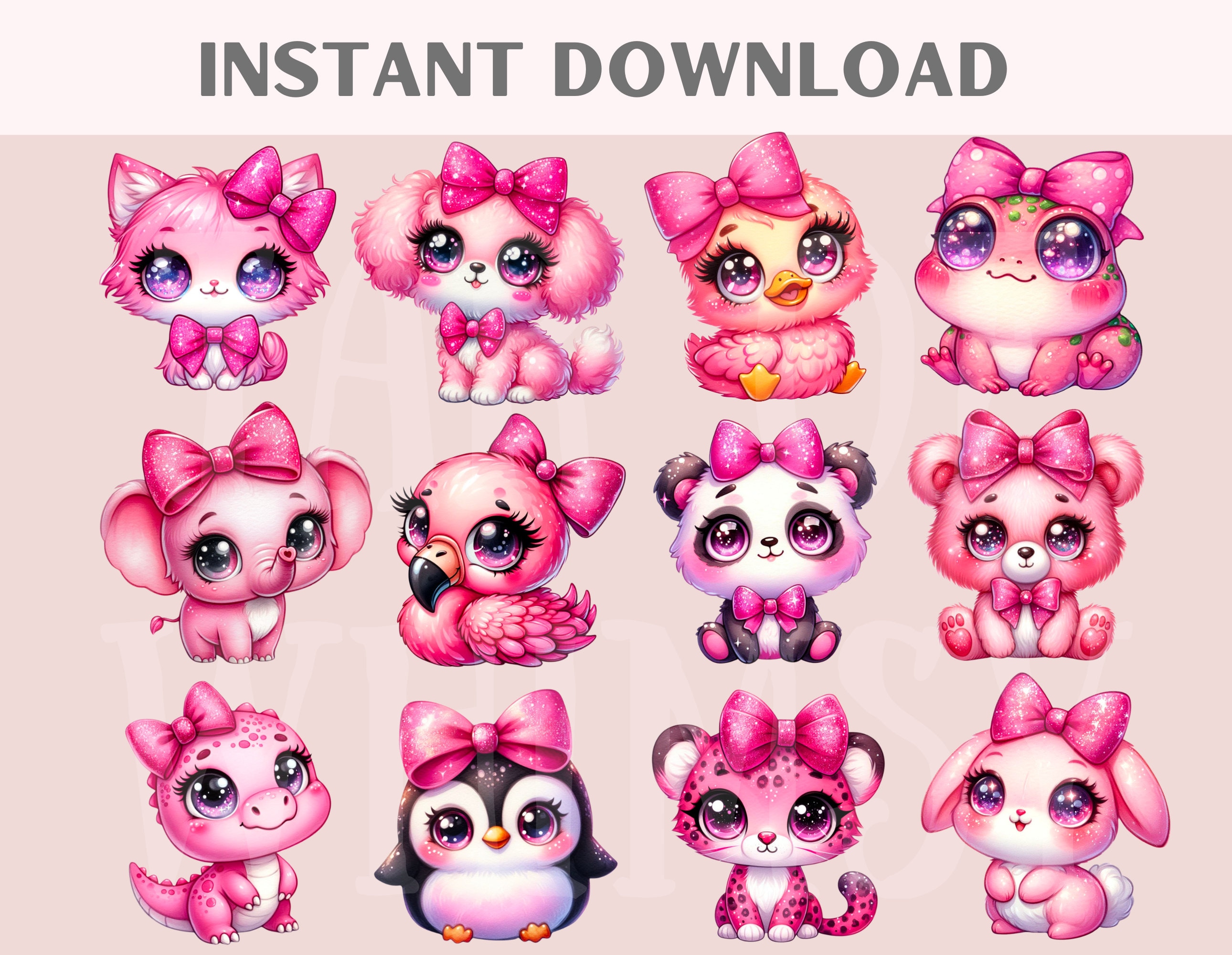 Watercolour Pink Glitter Animal Clipart Kawaii Animals PNG Digital ...