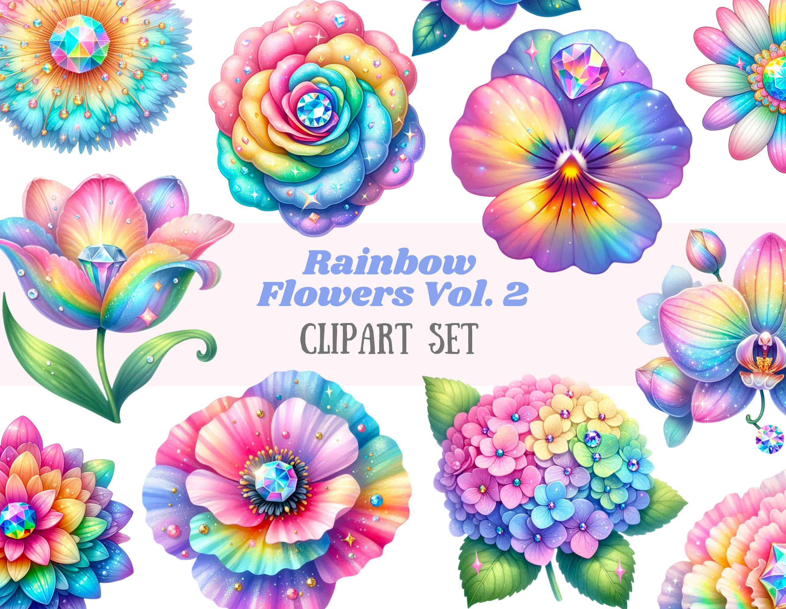 Watercolour Rainbow Flowers Clipart Spring Flower Elements PNG Digital ...