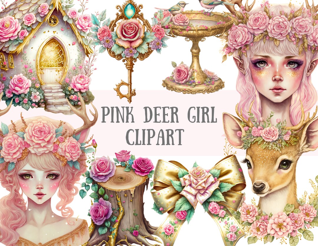 Watercolour Pink Deer Girl Clipart - Fairytale Fantasy PNG Digital ...