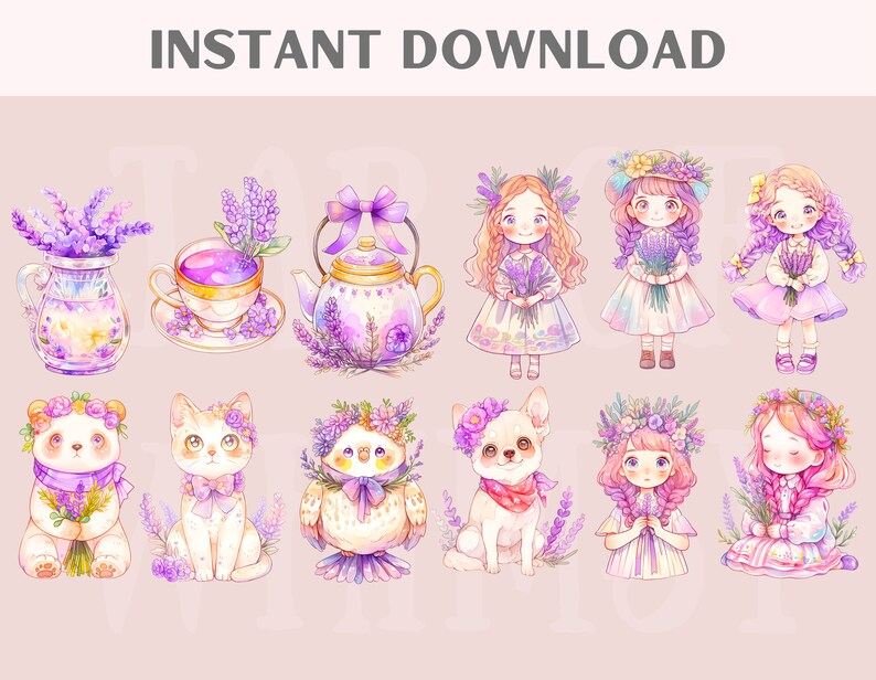 Watercolour Lavender Clipart Kawaii Cute Lavender Girl PNG Digital ...