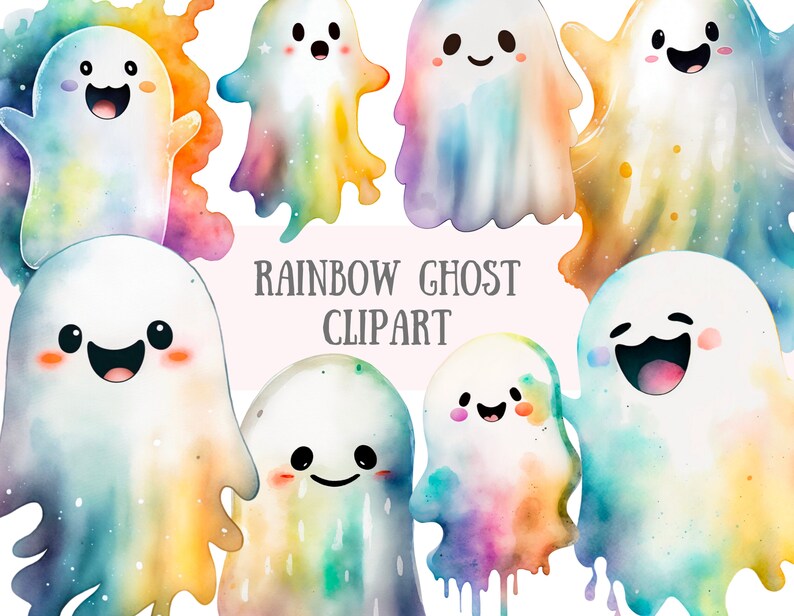 Watercolour Kawaii Ghost Clipart Rainbow Halloween PNG Digital Image ...