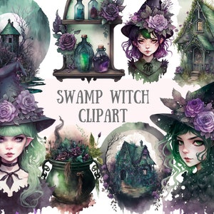 Watercolour Swamp Witch Clipart Gothic Halloween Fantasy PNG Digital ...