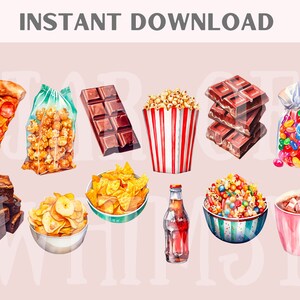 Watercolour Movie Night Snacks Clipart Popcorn Pizza PNG Digital Image ...