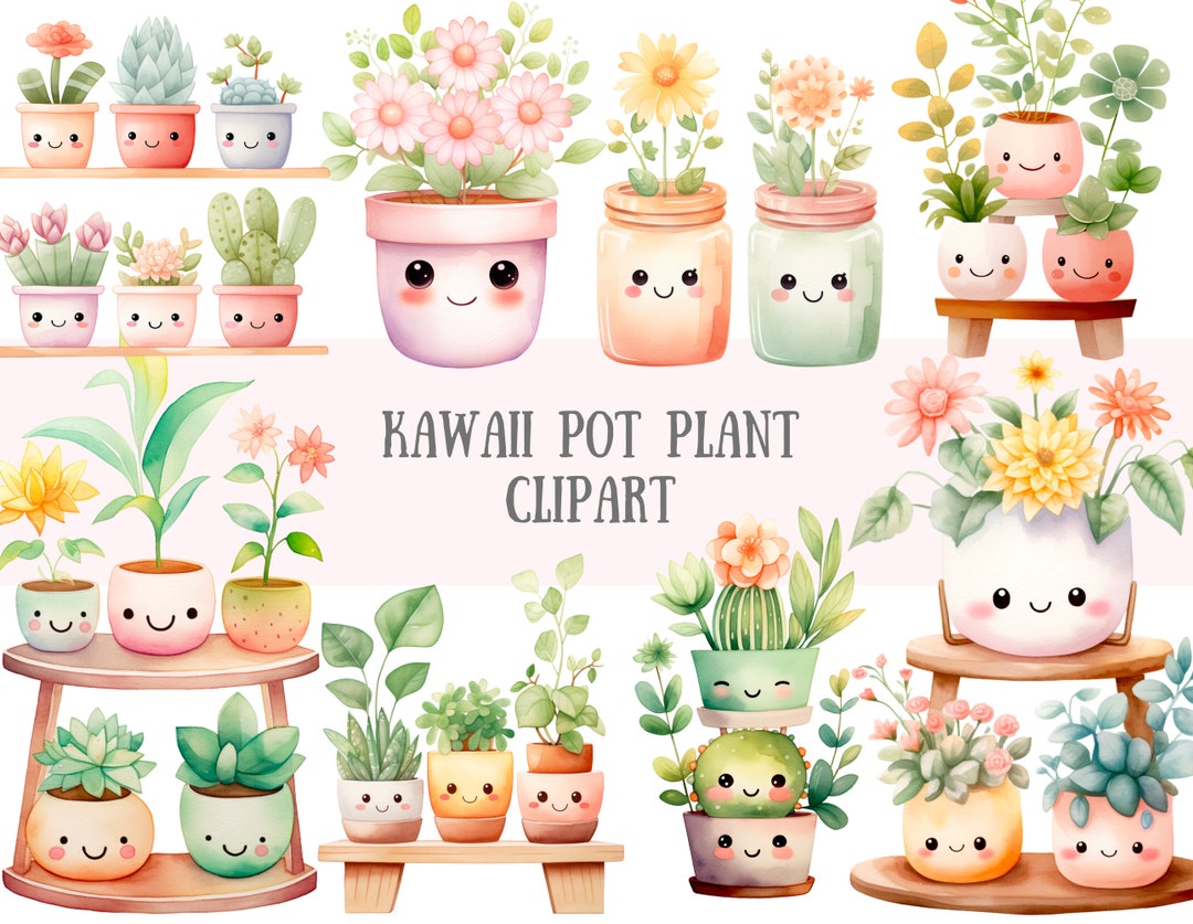 Watercolour Kawaii Pot Plant Clipart Cute Flower Pot Plants PNG Digital ...