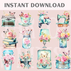 Watercolour Vintage Spring Clipart Mint Green Shabby Chic PNG Digital ...