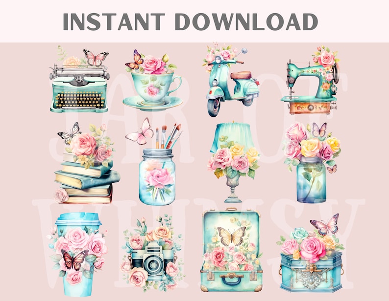Watercolour Vintage Spring Clipart Mint Green Shabby Chic PNG Digital ...