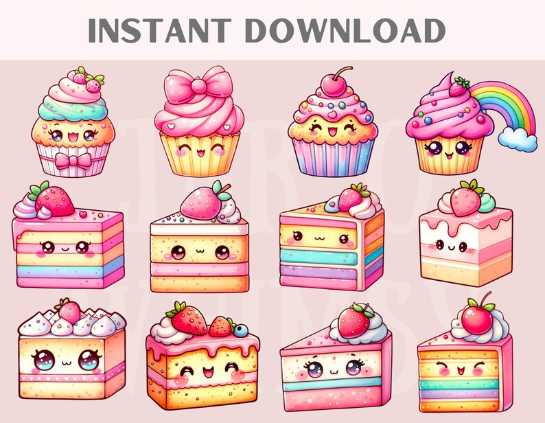 Watercolour Kawaii Cake Clipart Cute Chibi Cupcake PNG Digital Image ...