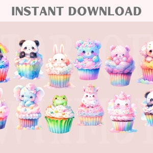 Watercolour Kawaii Cupcake Clipart Cute Rainbow Animal Cake PNG Digital ...