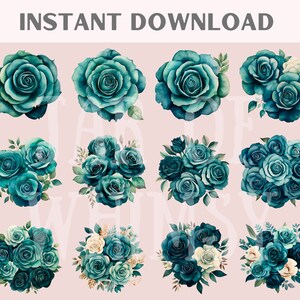 Watercolour Dark Teal Rose Clipart Aqua Green Flower Graphics PNG ...