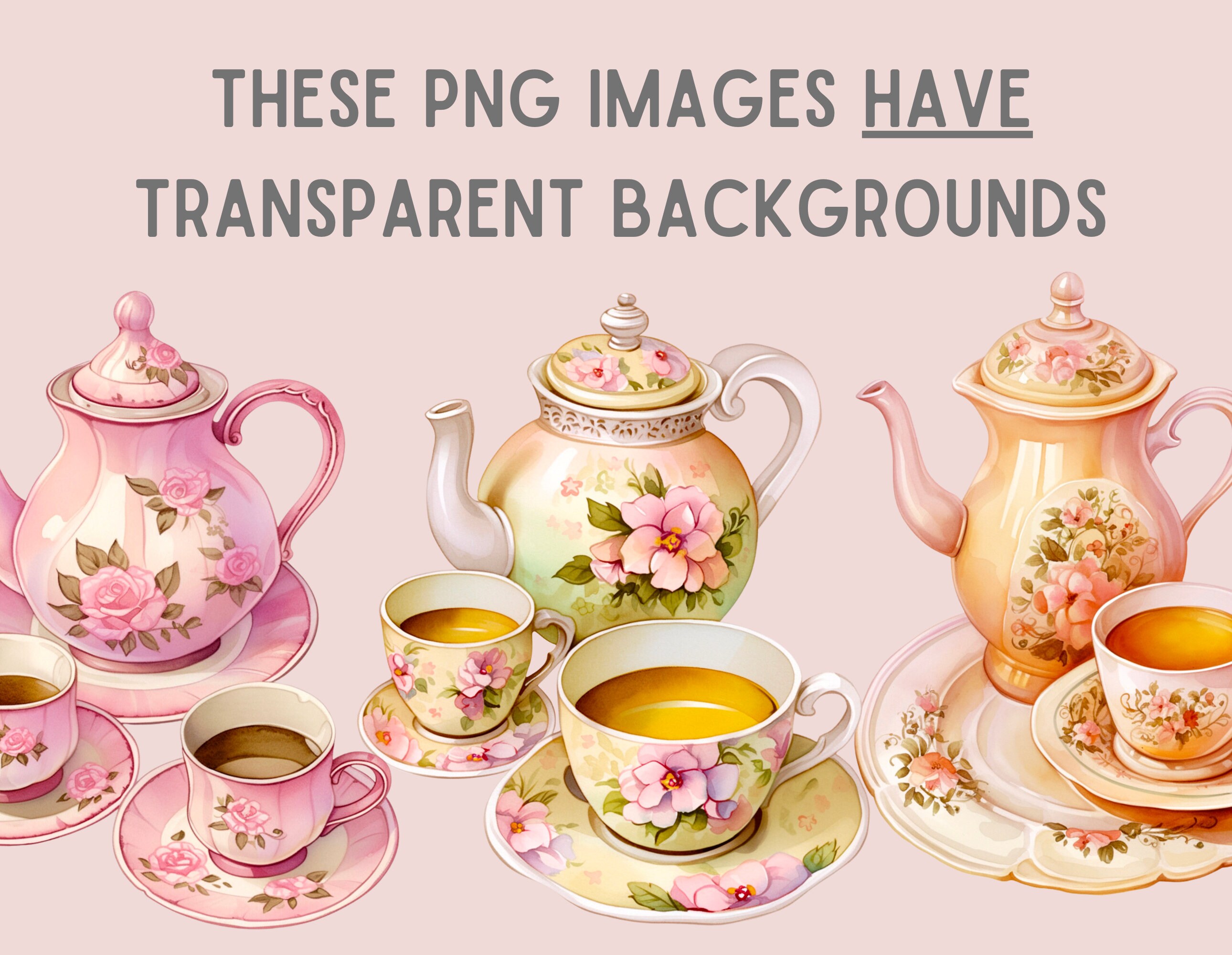Watercolour Tea Set Clipart Vintage Teacup Teapot Tea Party PNG Digital ...