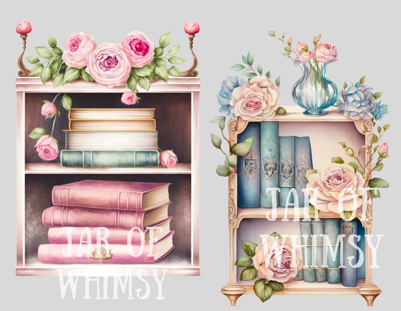 Watercolour Pastel Bookcase Clipart Bookshelf Bookworm PNG Digital ...