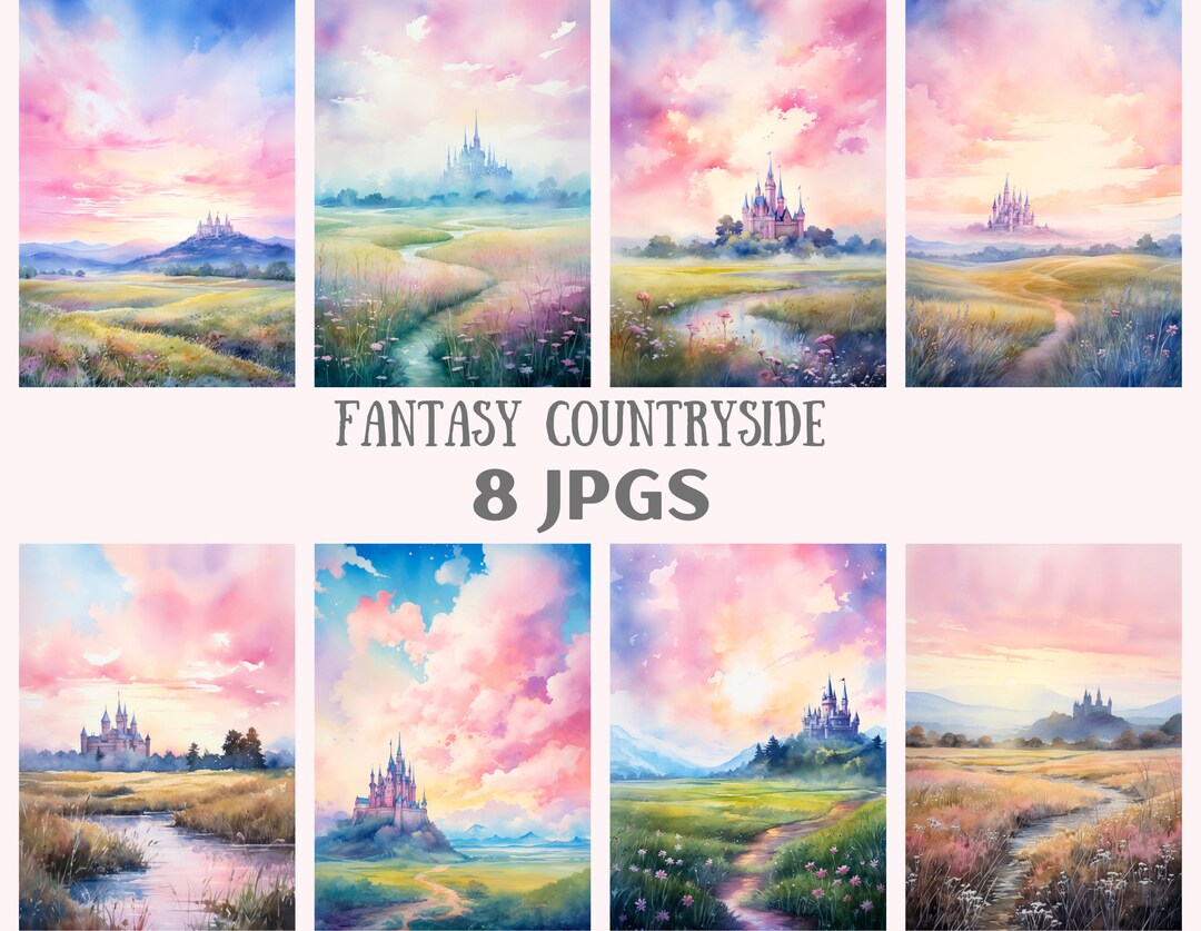 Watercolour Fantasy Countryside Clipart Sunset Castle JPG Digital Image ...