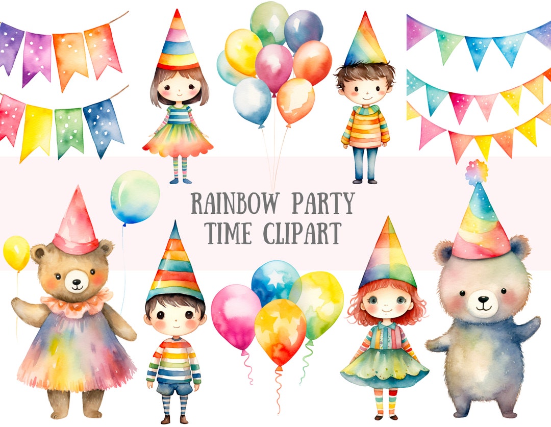 Watercolour Rainbow Party Time Clipart Cute Birthday Graphic PNG ...