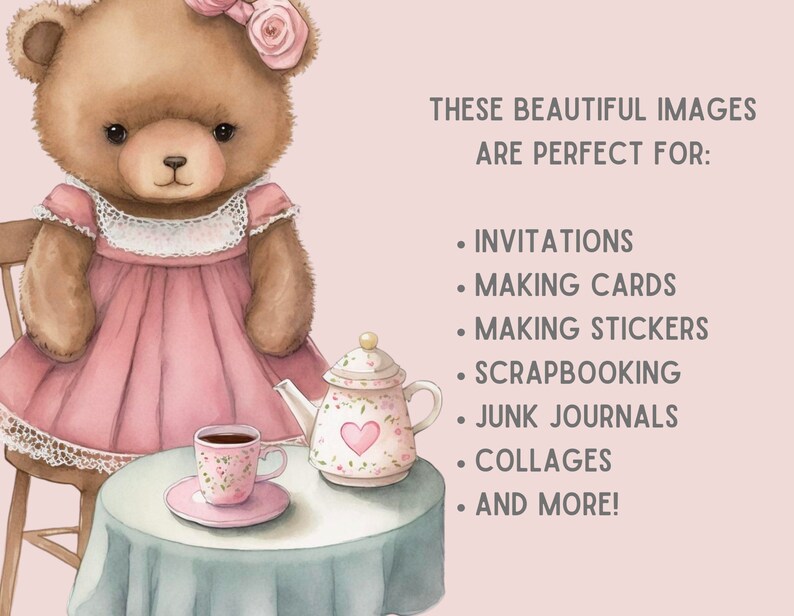 Watercolour Teddy Bear Tea Party Clipart Pink Baby Bear PNG - Etsy