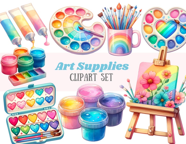 Watercolour Art Supplies Clipart Rainbow Artist Painting PNG Digital ...