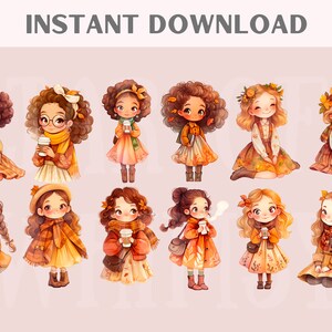 Watercolour Kawaii Autumn Girl Clipart Cute Chibi Fall Girl PNG Digital ...
