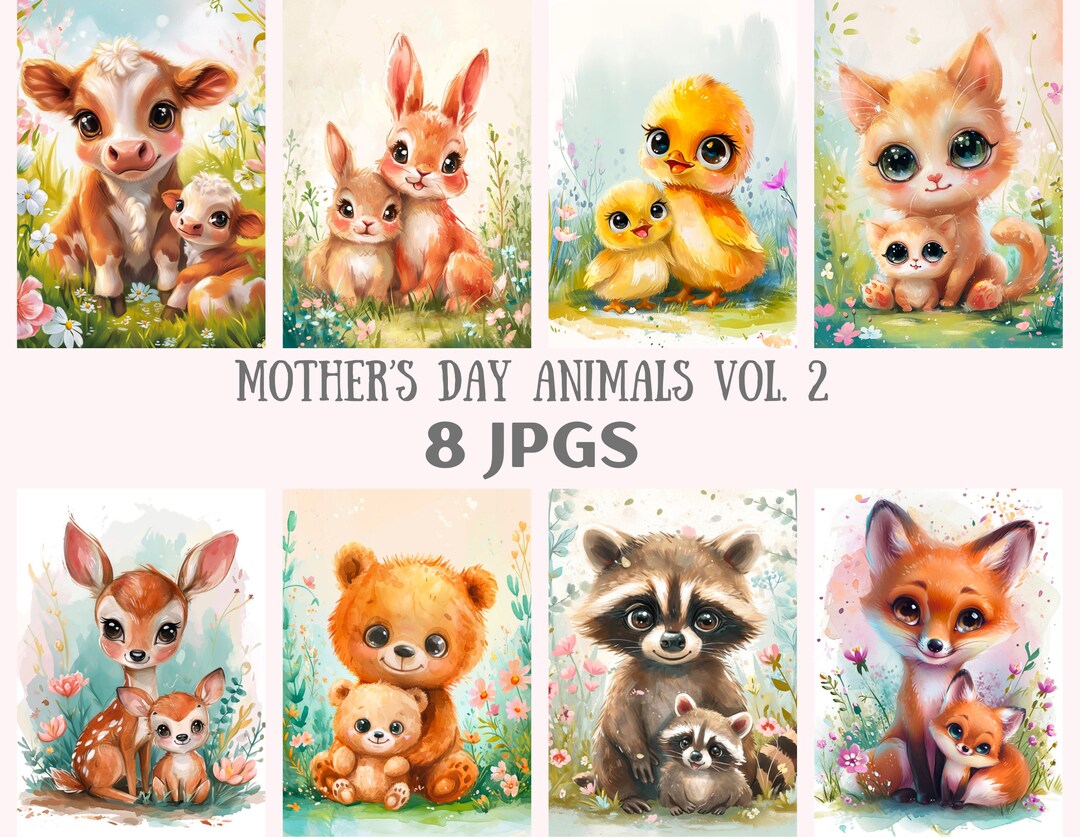 Watercolour Mothers Day Animals Clipart Mum Mom With Baby JPG Digital ...