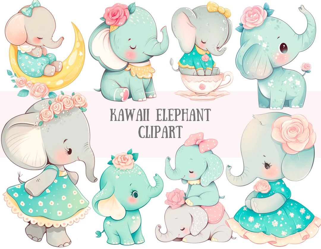 Watercolour Kawaii Elephant Clipart Baby Shower Elephant PNG Digital ...