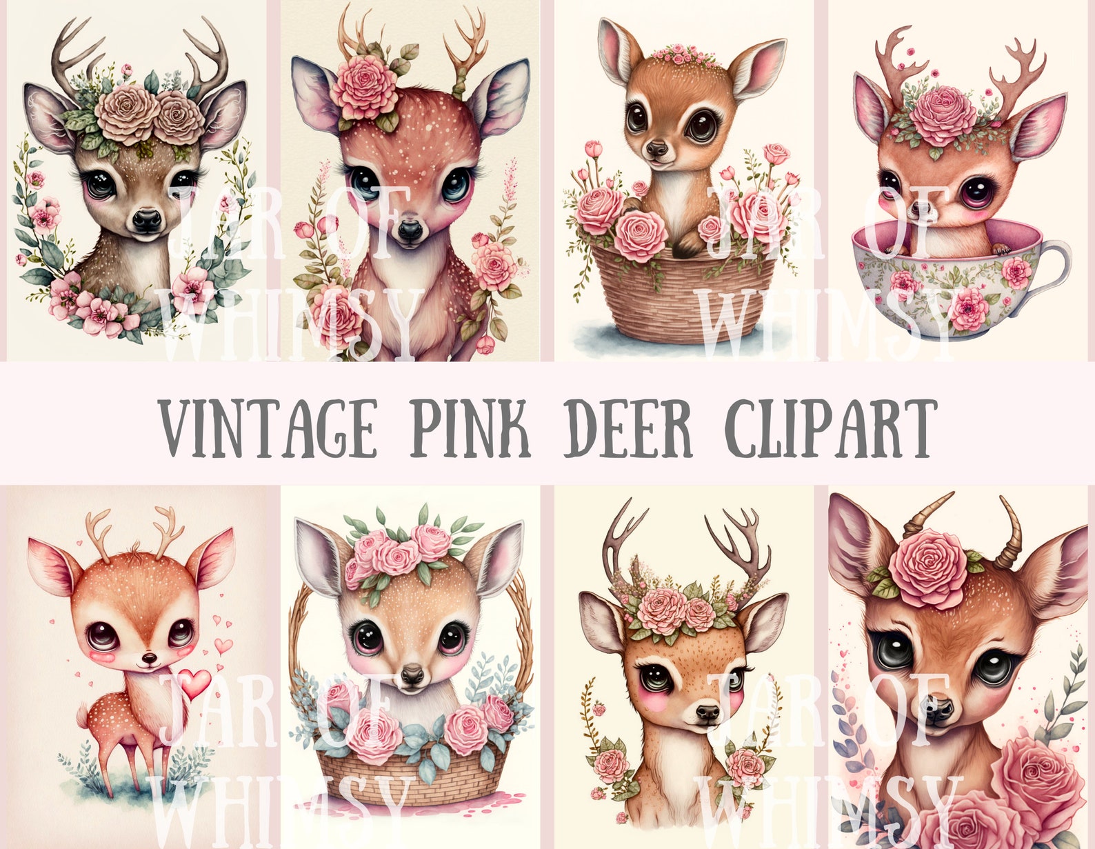 Watercolour Vintage Pink Deer Clipart - Kitsch Deer PNG Digital Image ...