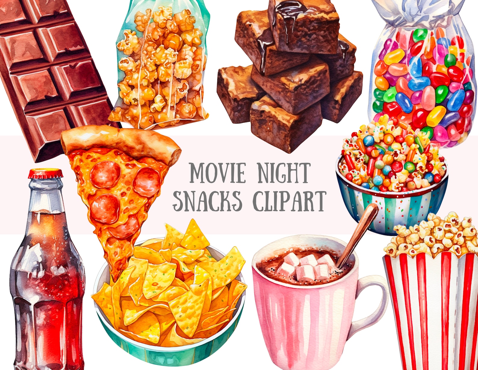 Watercolour Movie Night Snacks Clipart Popcorn Pizza PNG Digital Image ...
