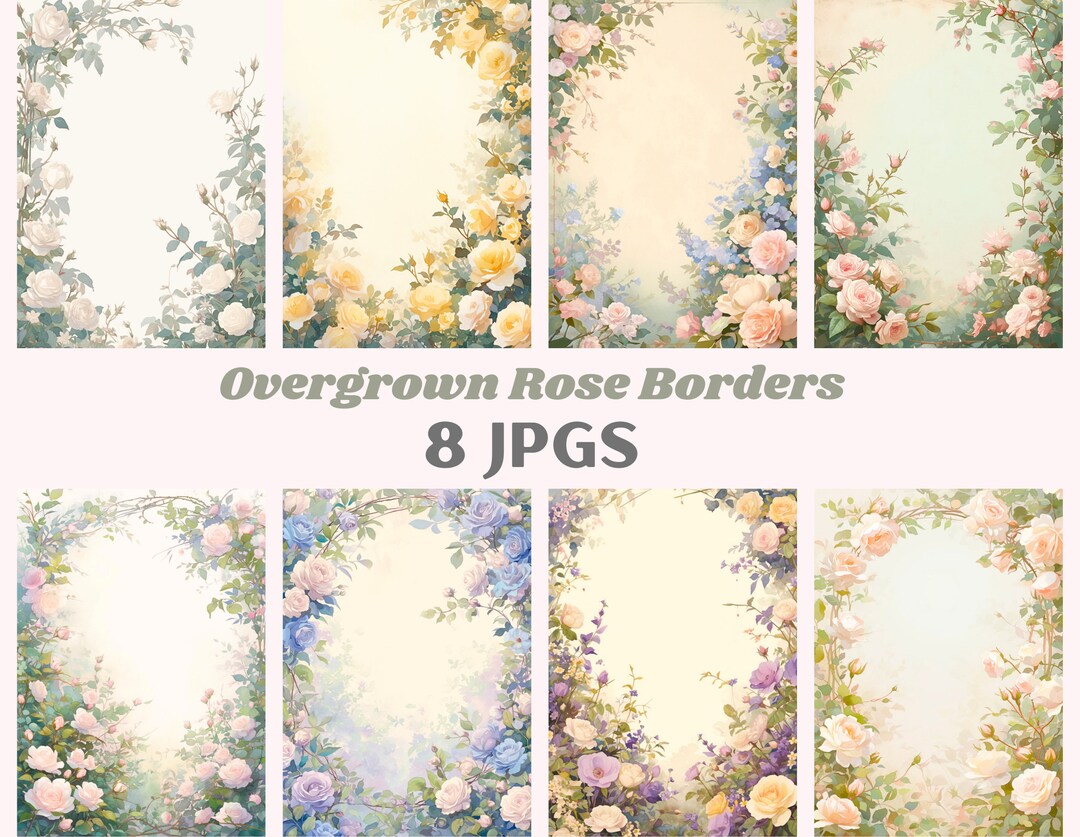 Watercolour Rose Border Clipart Overgrown Rose Garden JPG Digital Image ...