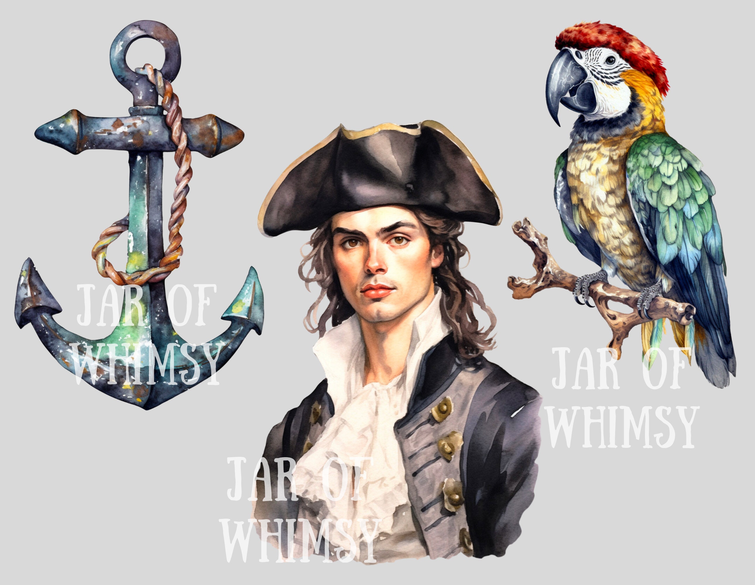 Watercolour Vintage Pirate Clipart Ship Parrot Treasure PNG - Etsy