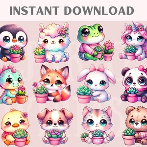 Watercolour Succulent Animal Clipart Cute Pot Plant Animal PNG Digital ...