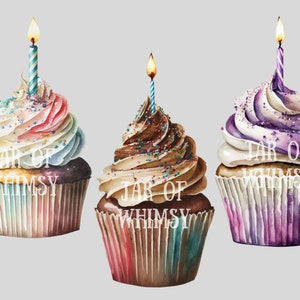 Watercolour Birthday Candle Cupcake Clipart Birthday Cake PNG Digital ...