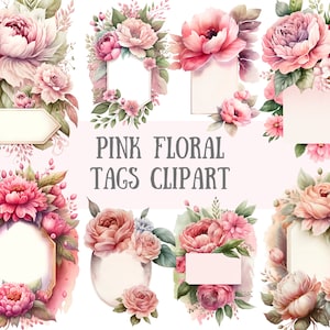 Watercolour Pink Floral Tag Clipart Rose Label PNG Digital Image ...