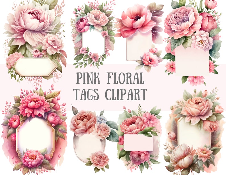 Watercolour Pink Floral Tag Clipart Rose Label PNG Digital - Etsy