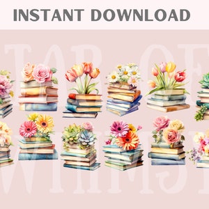 Watercolour Spring Book Stack Clipart Bookcase Bookworm PNG Digital ...