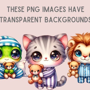 Watercolour Pyjama Animal Clipart Bed Time Nursery Animal PNG Digital ...