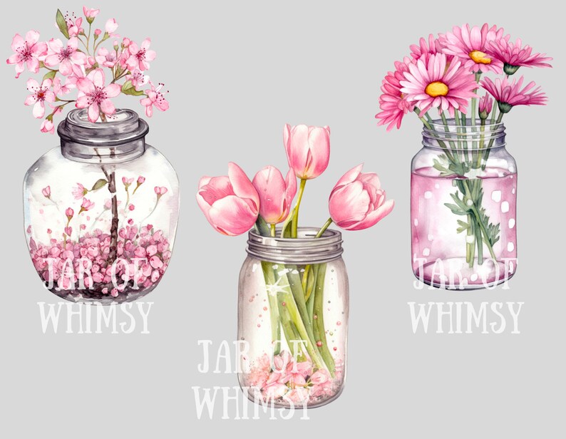 Watercolour Pink Flower Jar Clipart Rose Tulip Gerbera PNG Digital ...