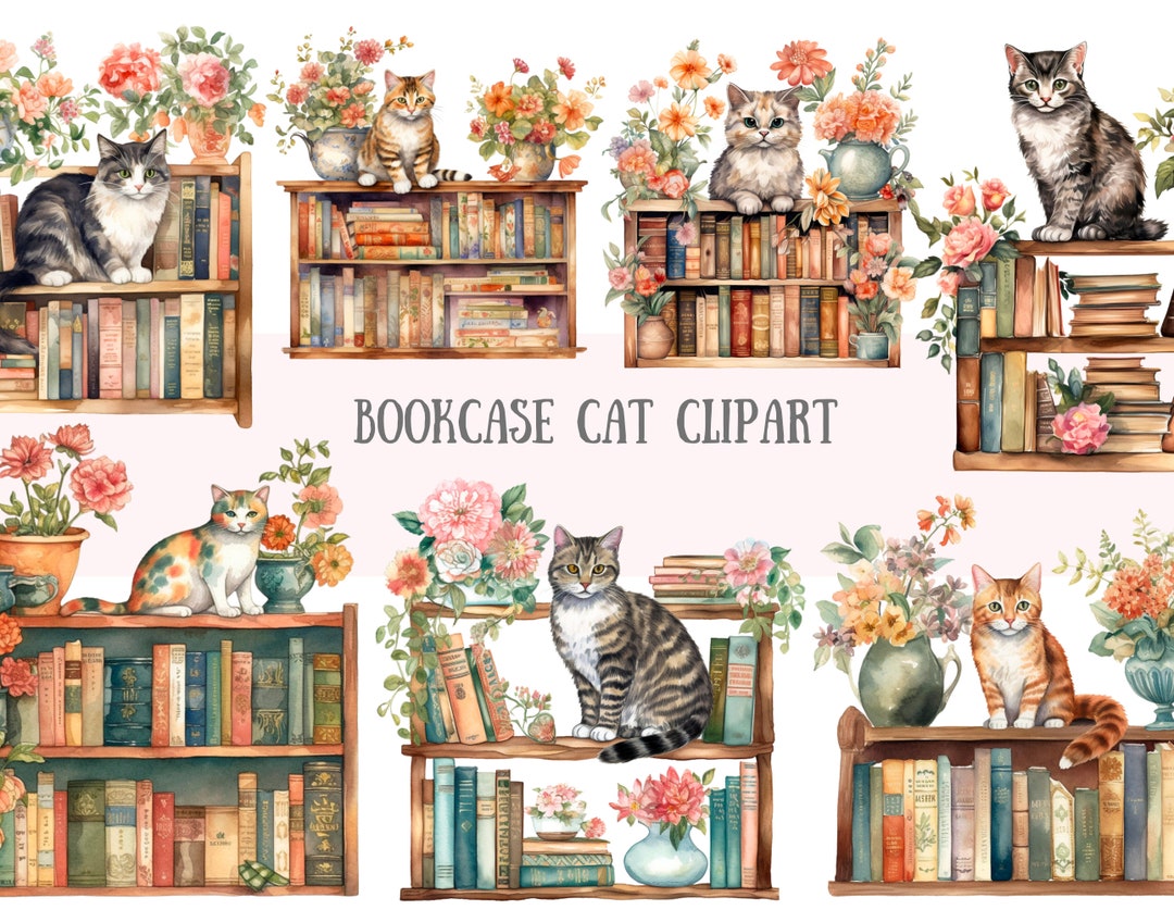 Watercolour Bookcase Cat Clipart Cat Book Lover Reading PNG Digital ...