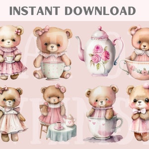 Watercolour Teddy Bear Tea Party Clipart - Pink Baby Bear PNG Digital ...
