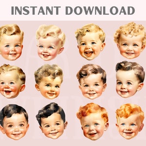Watercolour Vintage Baby Boy Face Clipart Retro Baby Shower PNG Digital ...