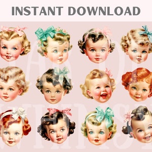 Watercolour Vintage Baby Face Clipart Retro Baby Shower PNG Digital ...