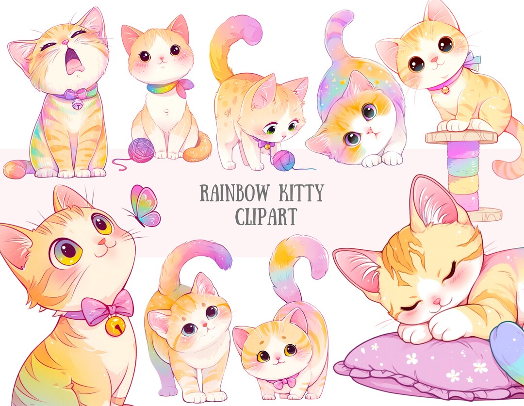 Watercolour Rainbow Kitty Clipart Cute Rainbow Cat PNG Digital Image ...