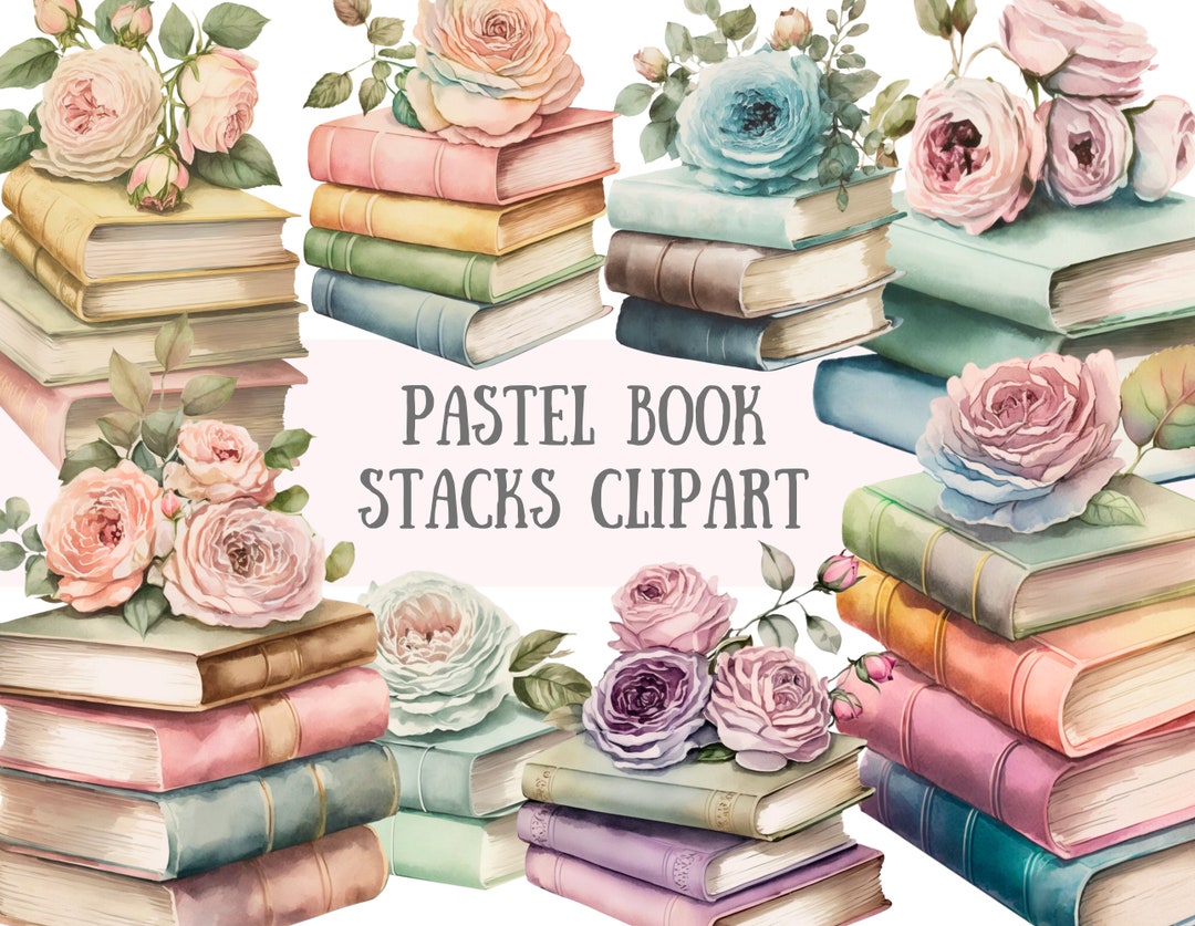 Watercolour Pastel Book Stack Clipart Bookcase Bookworm PNG Digital ...