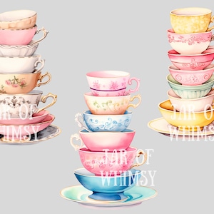 Watercolour Tall Teacup Stack Clipart Pretty Tea Party PNG Digital ...