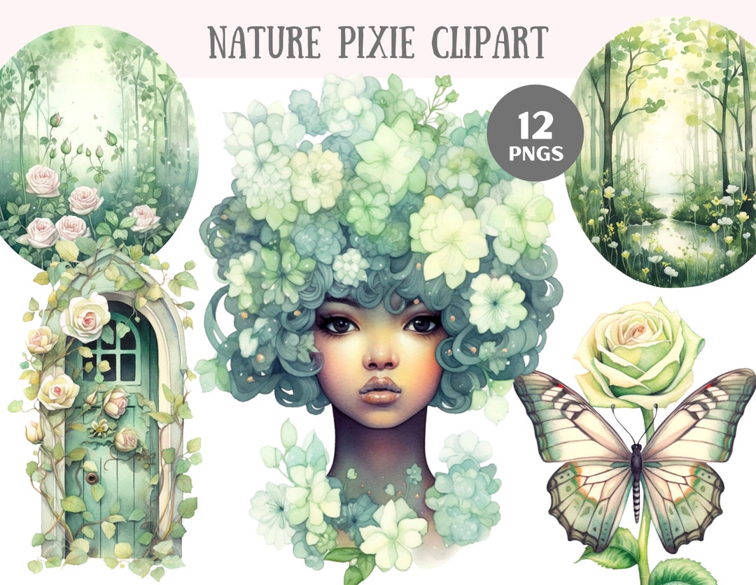 Watercolour Nature Pixie Clipart Green Earth Fairy PNG Digital Image Downloads for Card Making ...